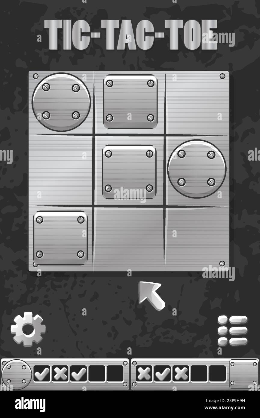 Tic-Tac-Toe metal style, UI game with cursor arrow. Vector cartoon ...