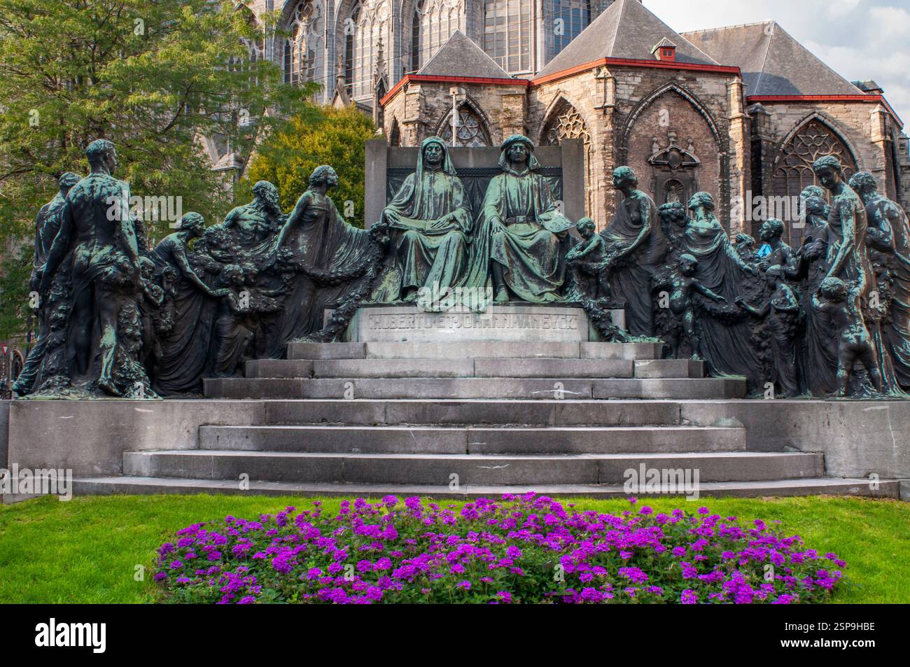 Statue of the Van Eyck brothers behind the St. Bavo's Cathedral (Sint ...