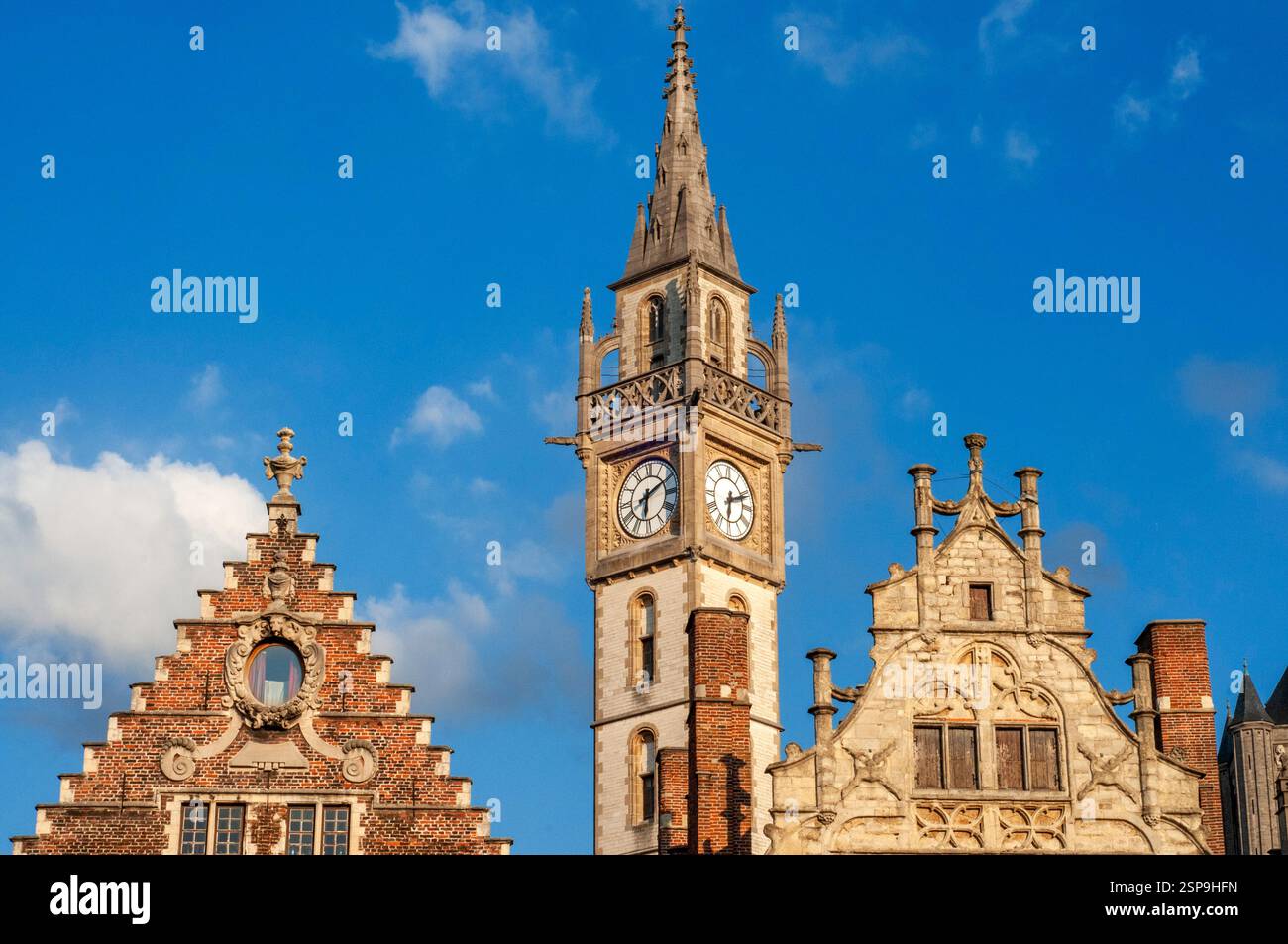 Brick houses and belfry in Korenlei and Graslei, promenade historical ...