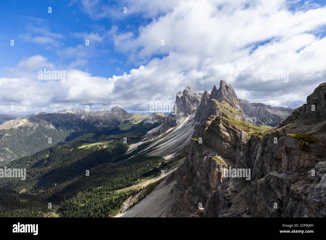Panoramic and detailed view of the Seceda ridge in the Dolomites, Italy ...