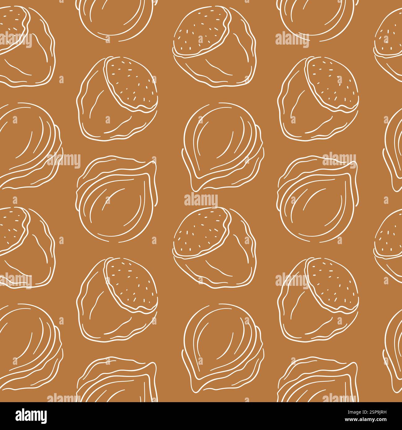 Hazelnuts seamless pattern in line art style on brown background. Nuts ...