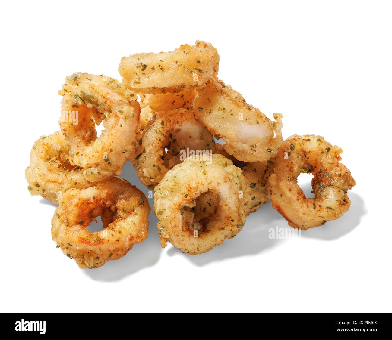 deep fried battered baby squid rings and tentacles isolated on white ...