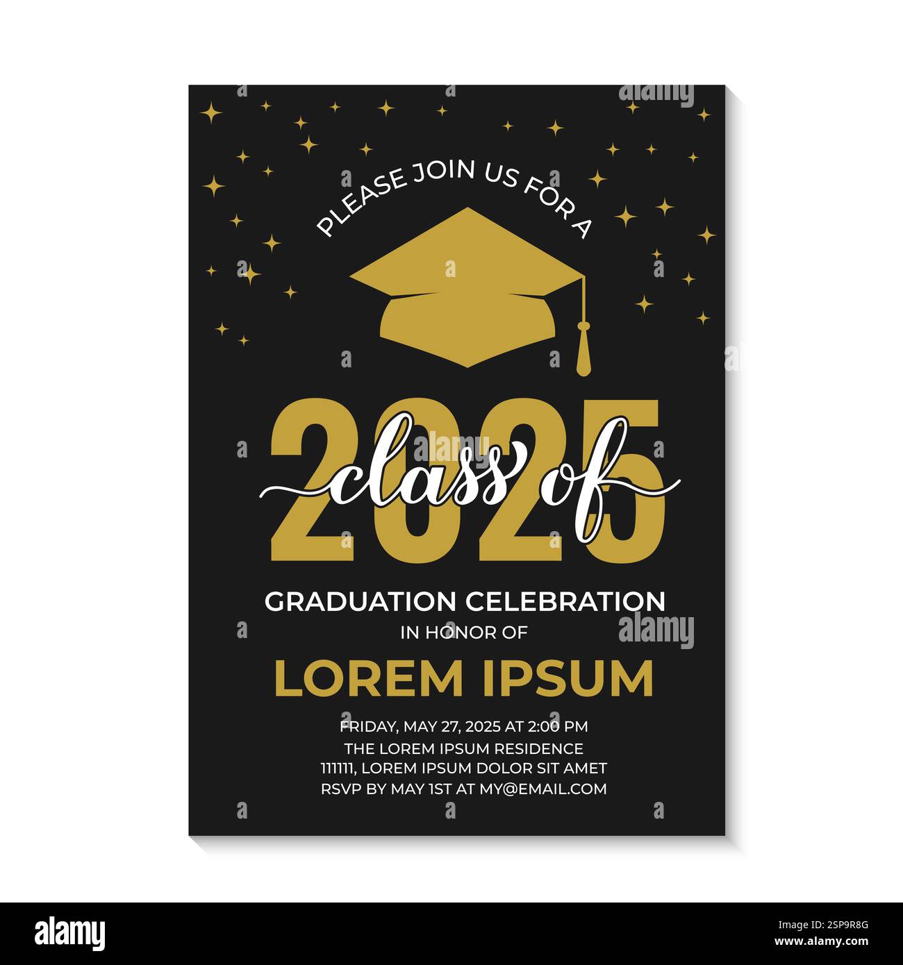 Graduation ceremony invitation card. Black and gold grad party invite ...