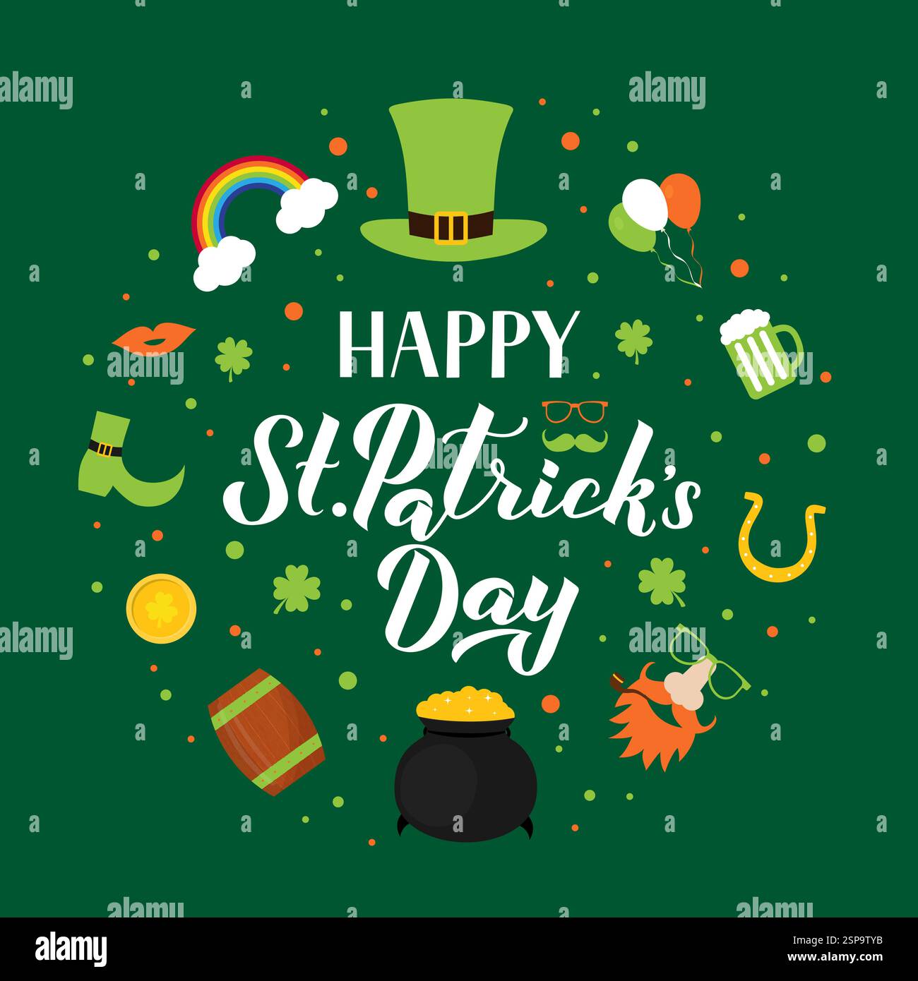 Happy St. Patricks day lettering with traditional Irish symbols: green ...