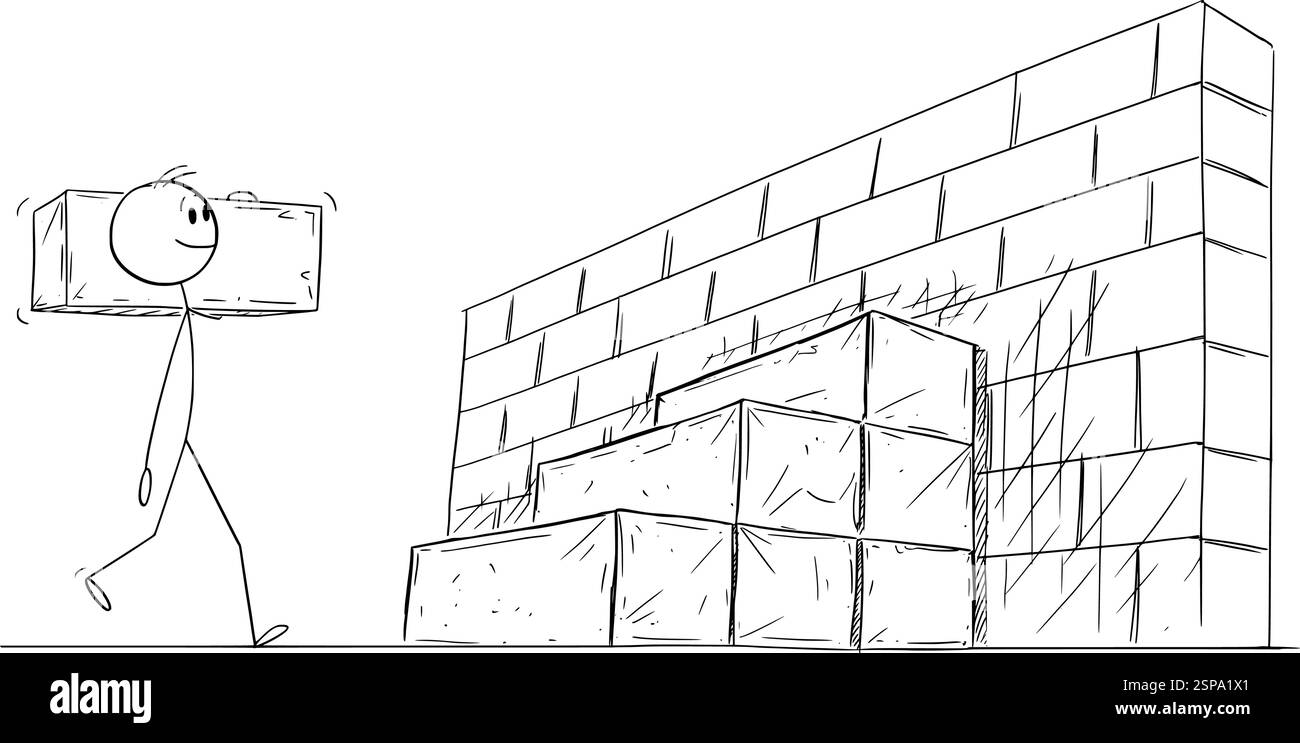 Person building together stairs to overcome wall obstacle, vector ...