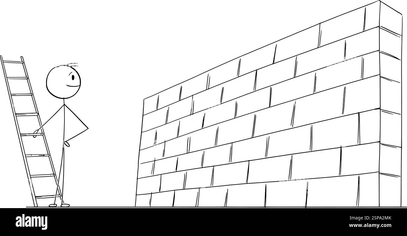 Person holding ladder and looking at wall obstacle to overcome, vector ...