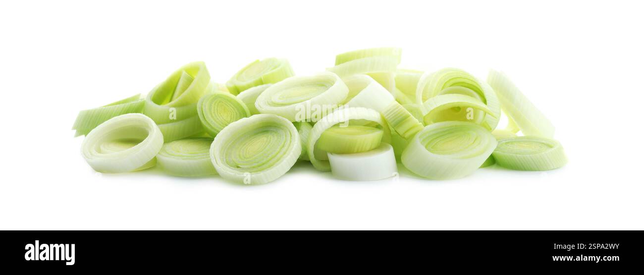 Pieces of fresh leek isolated on white Stock Photo - Alamy