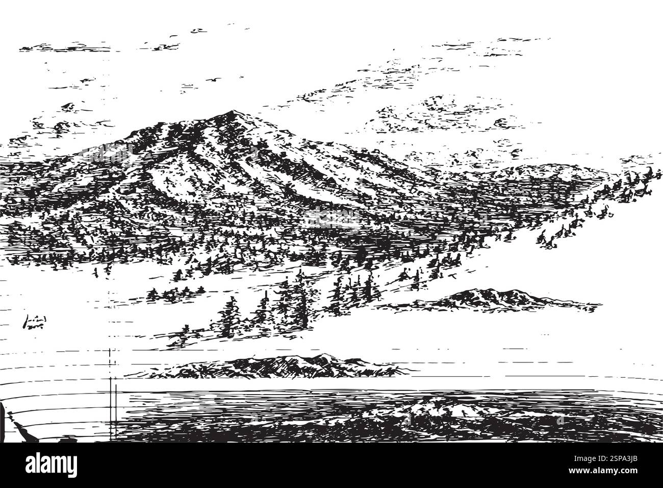 Altai nature of summer mountains, wooden houses and road. Pen and ink ...