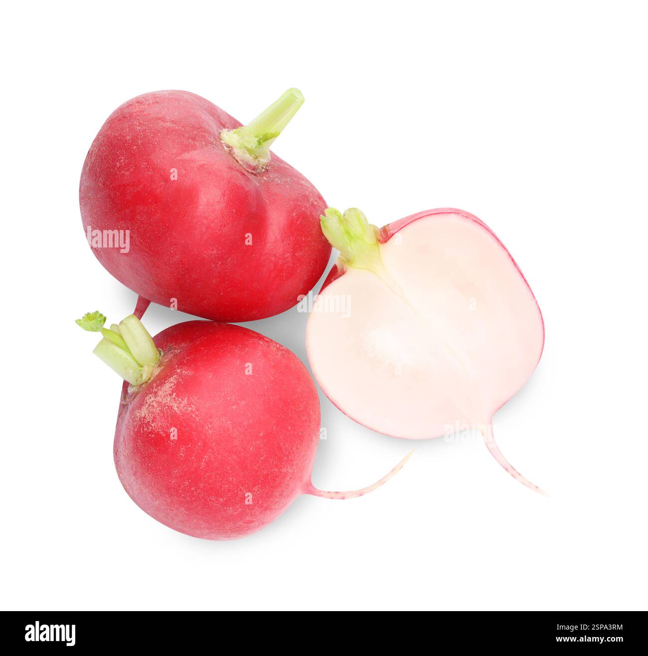 Whole and cut radishes isolated on white, top view Stock Photo - Alamy