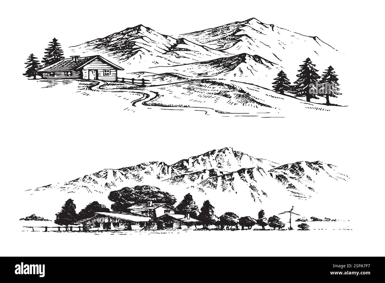 Altai nature of summer mountains, wooden houses and road. Pen and ink ...