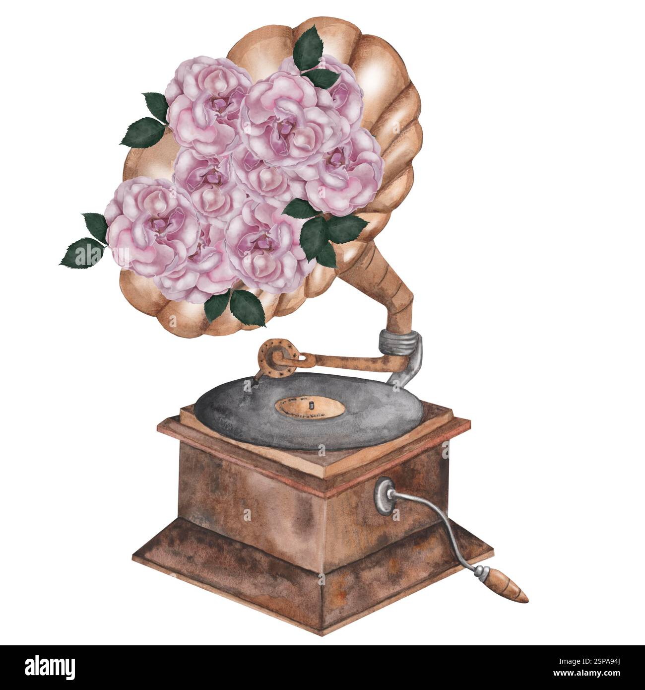 Gramophone watercolor. Postcard with a musical instrument and with ...
