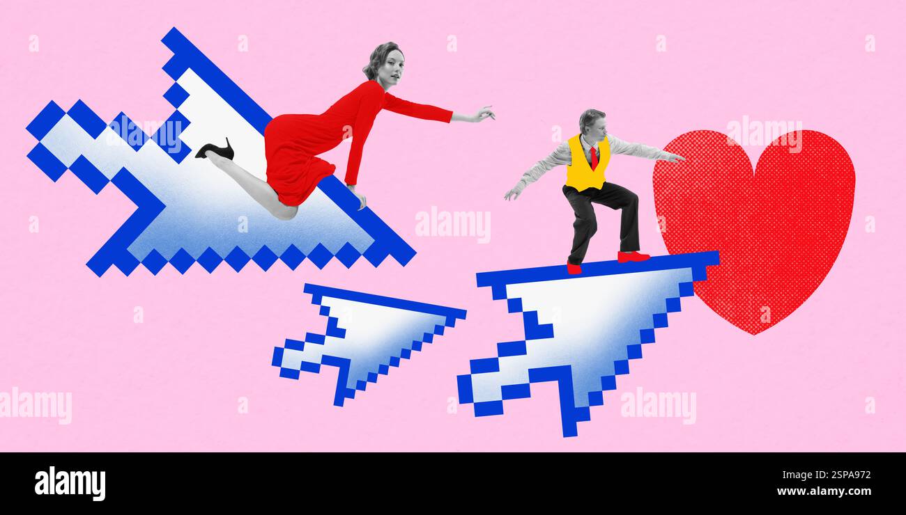 Woman in red dress and man in yellow vest surfing on giant pixelated cursors toward red heart ...
