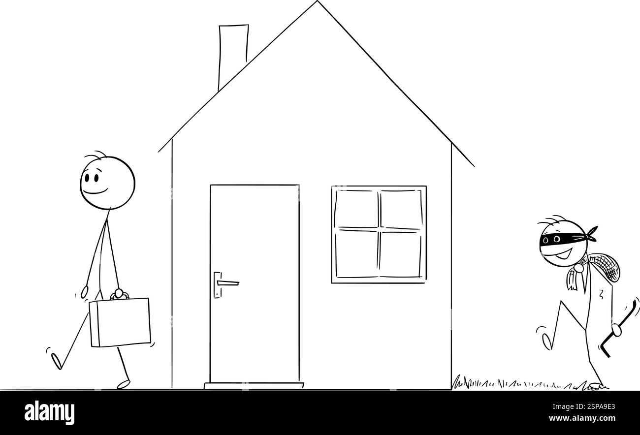 Robber is going to rob a family house , vector cartoon stick figure or ...
