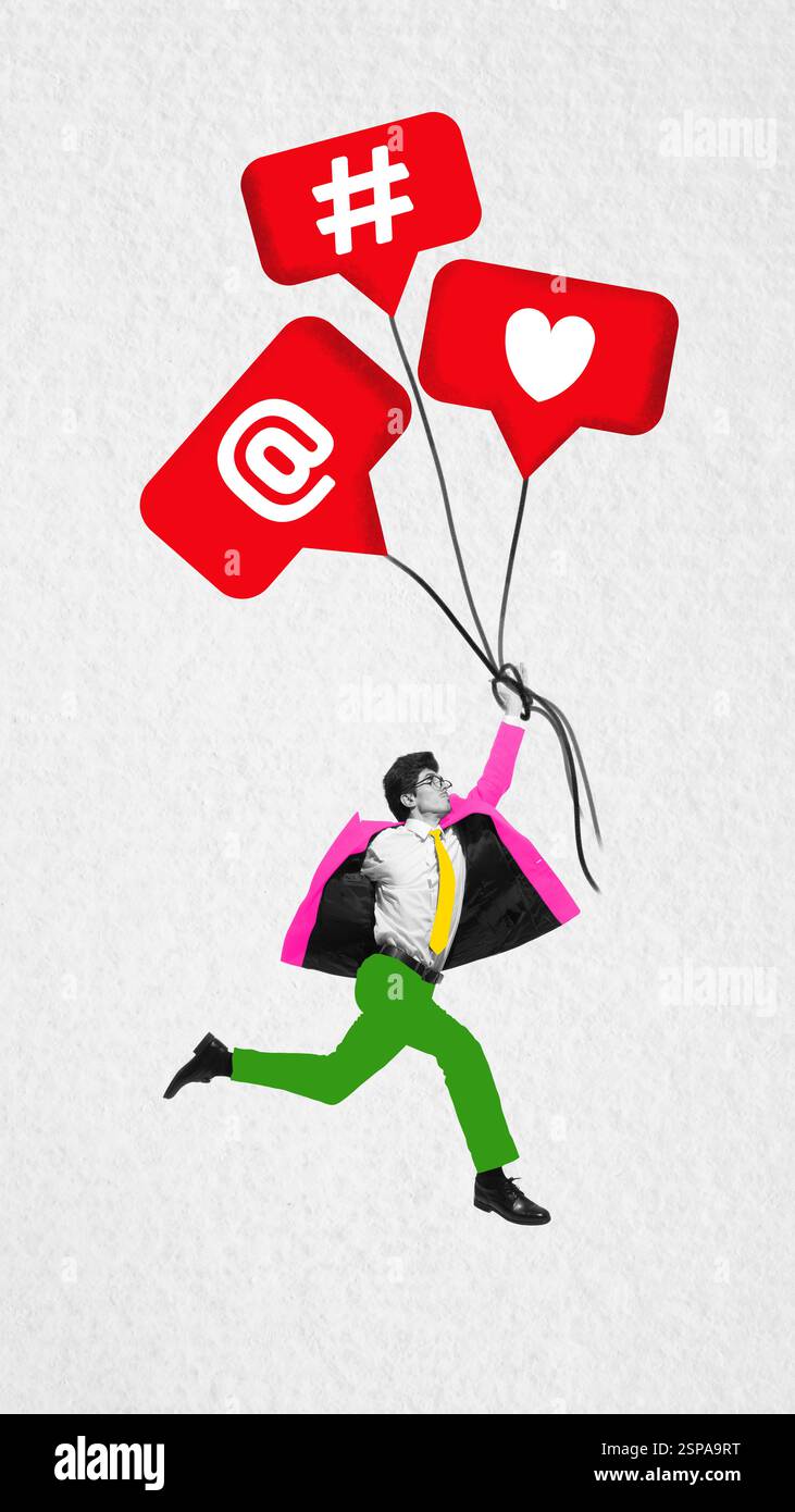 Man running while holding strings attached to red social media icons as ...