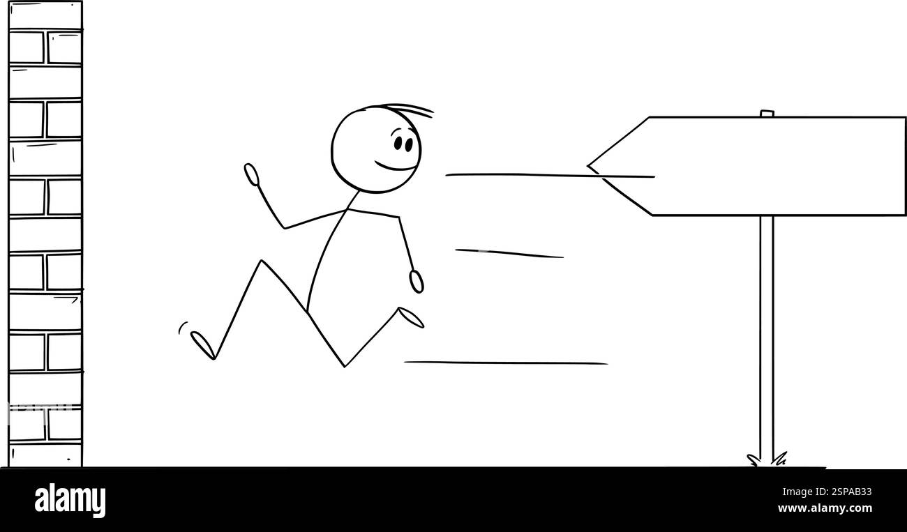 Person running and hitting the wall, vector cartoon stick figure or ...