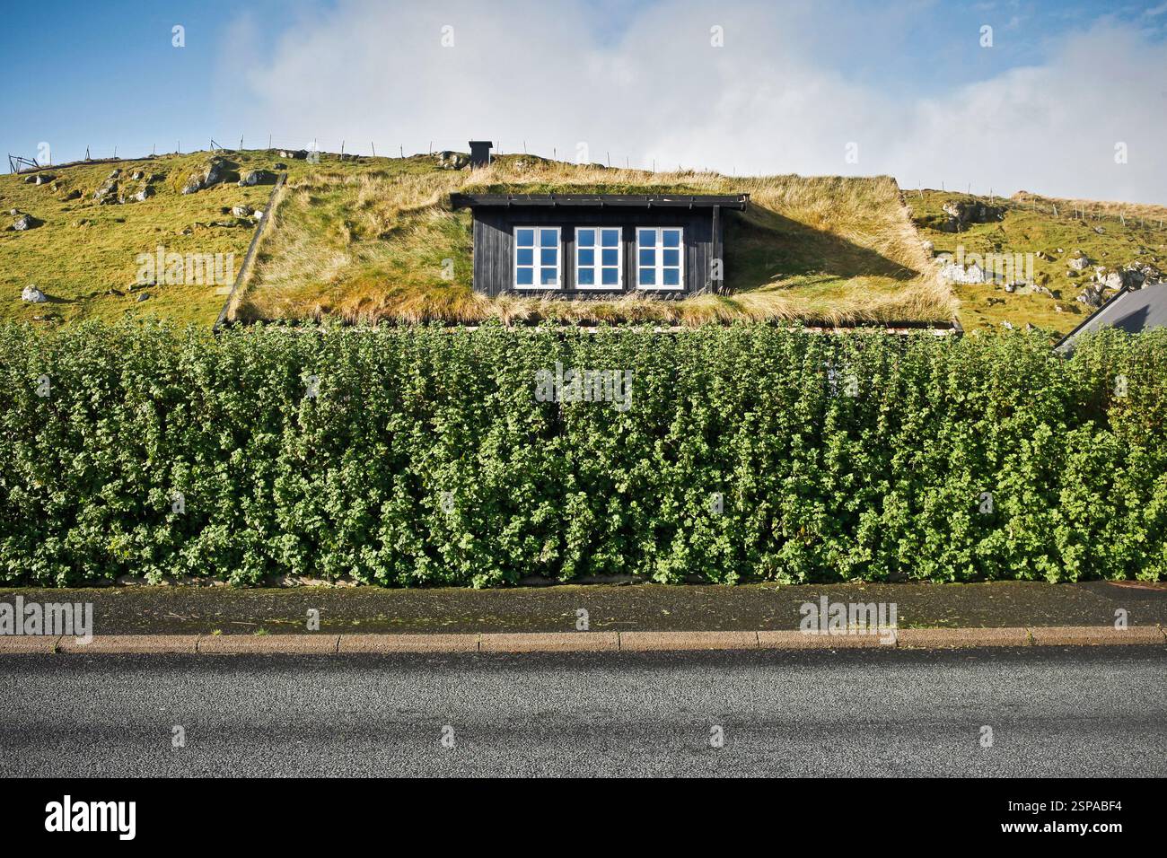 A traditional Icelandic turf house partially buried in a grassy mound ...