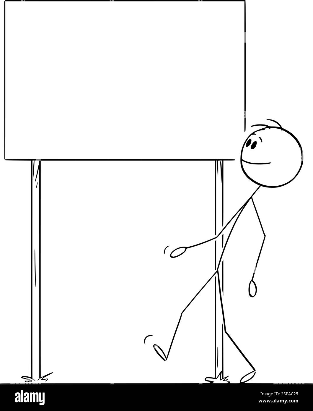 Walking person looking at empty sign or billboard, vector cartoon stick ...