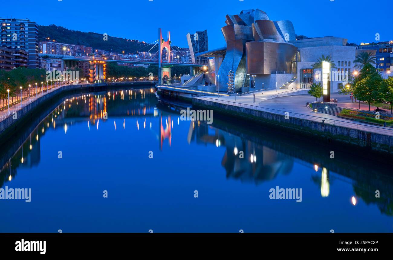 View on Guggenheim Museum at blue hour. Bilbao, the Basque country ...