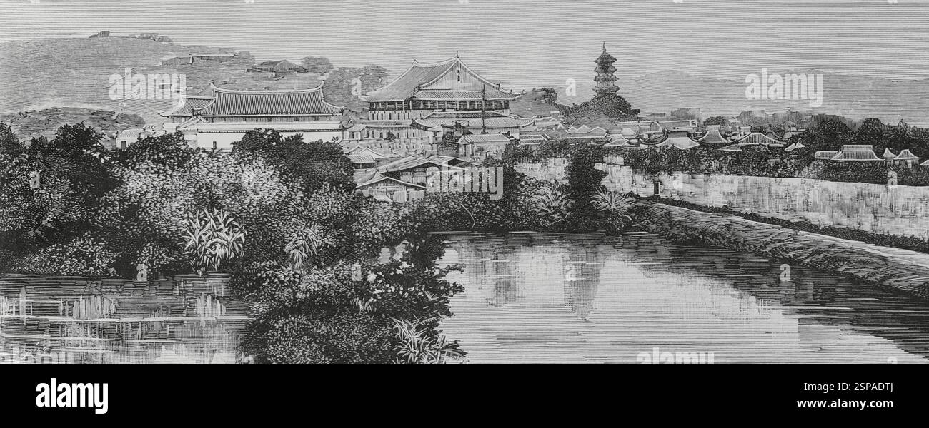 Fuzhou, Fujian province, China. View of the city wall and the landscape ...