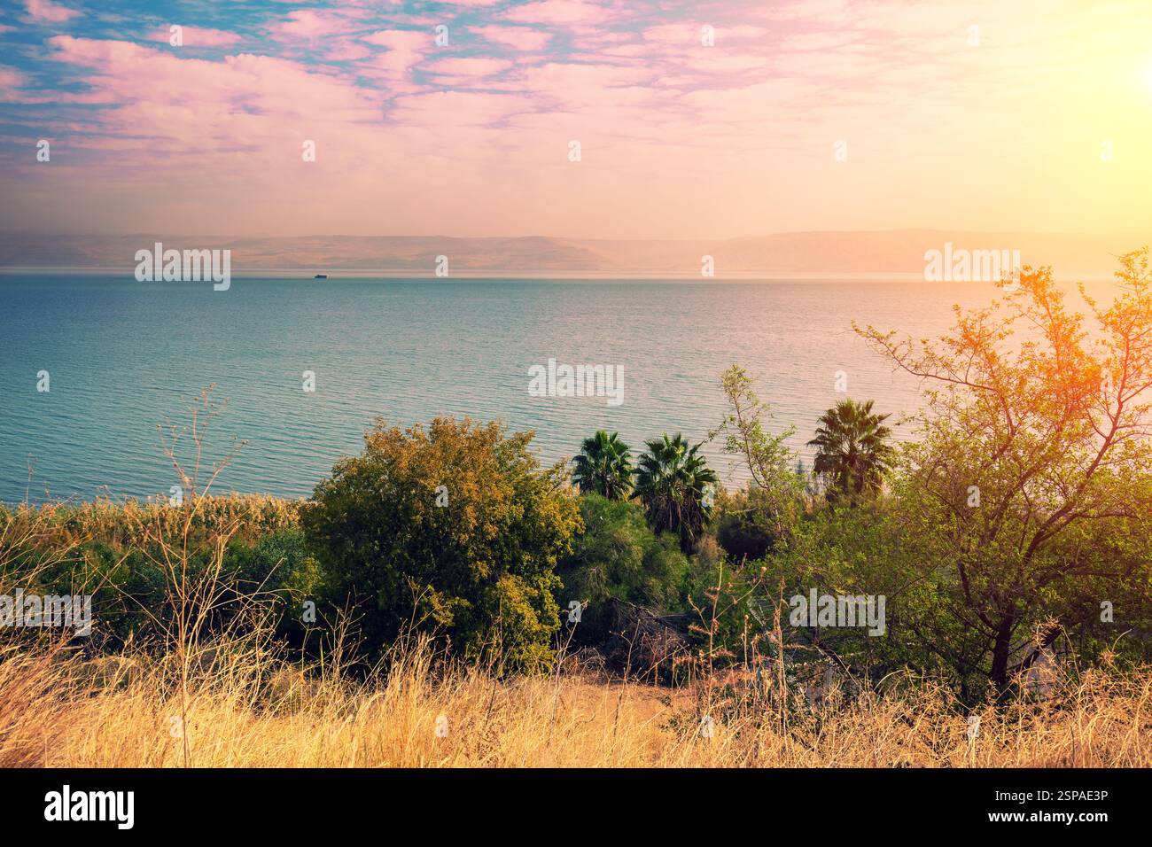 Sunrise over the Sea of Galilee. Seascape during sunrise in Israel ...