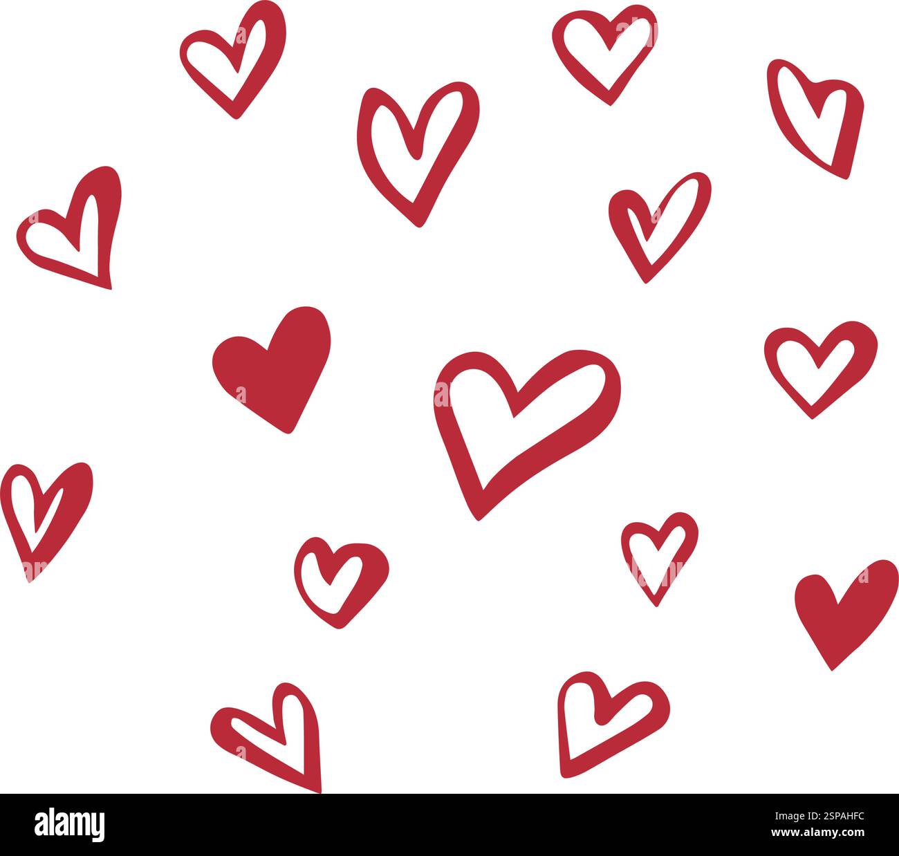 Red whimsical hearts. Set of isolated objects EPS vector. Line art hand ...