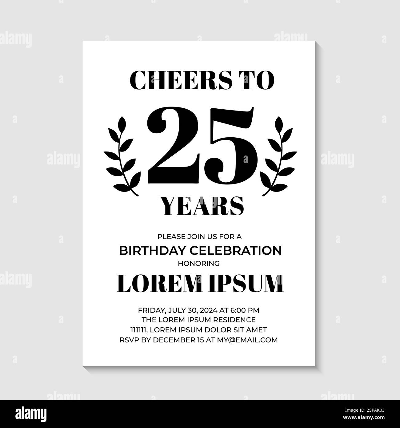 25th Birthday or Anniversary invitation card. Birthday Party invite ...