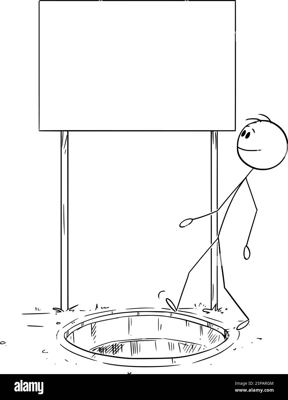 Walking person looking at empty sign or billboard and falling into hole ...