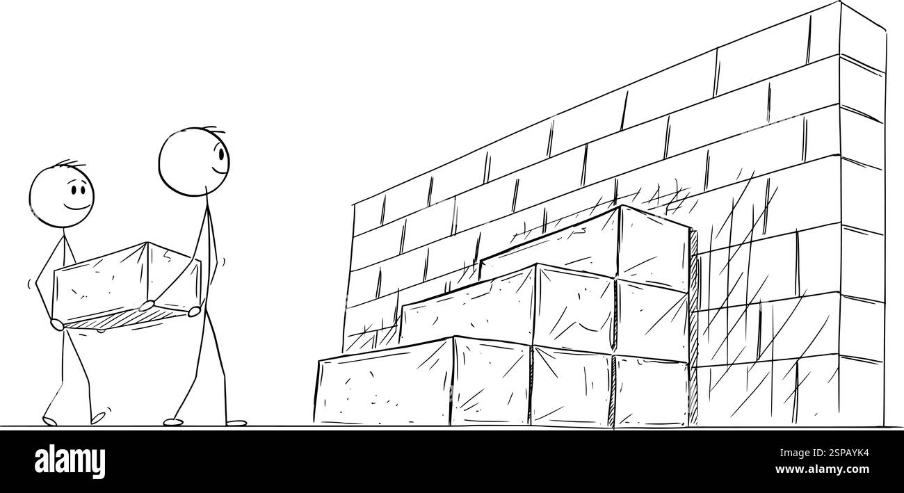 Two person building together stairs to overcome wall obstacle, vector ...