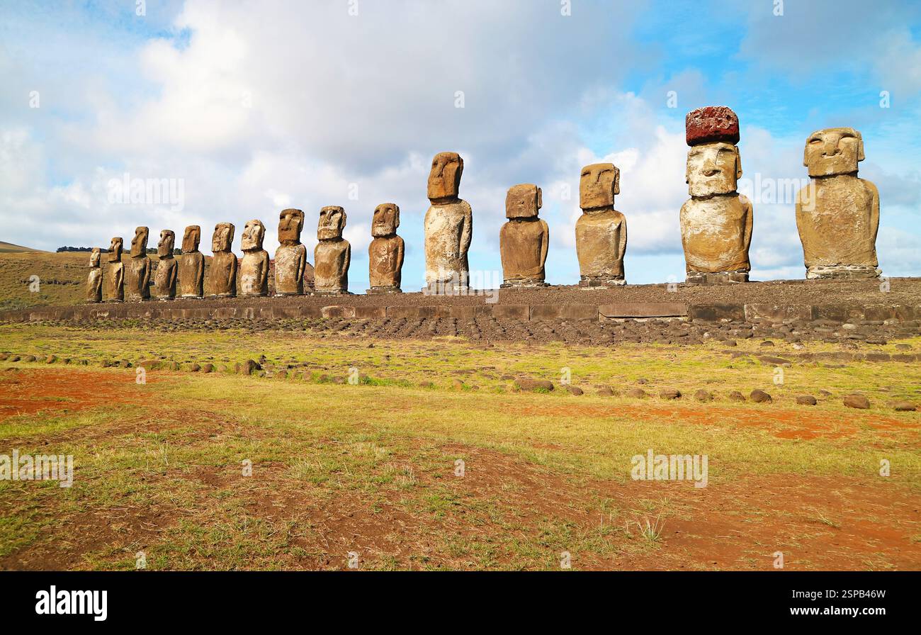 Iconic massive 15 Moai statues of Ahu Tongariki, the largest ceremonial ...