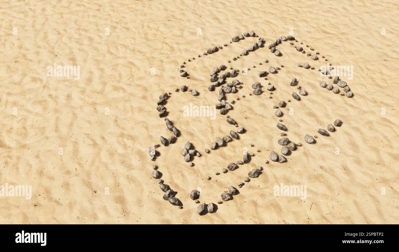 Concept conceptual stones on beach sand handmade symbol shape, golden ...