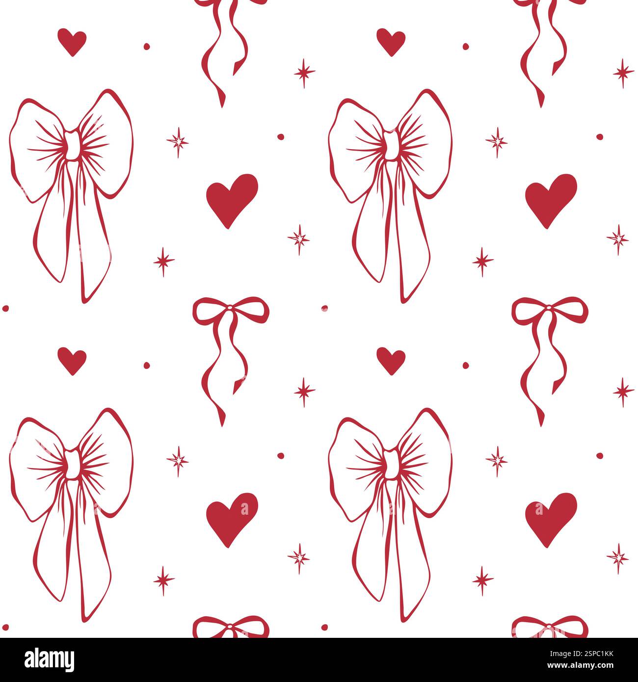 Coquette bows different sizes, stars and hearts in red ink. Seamless ...