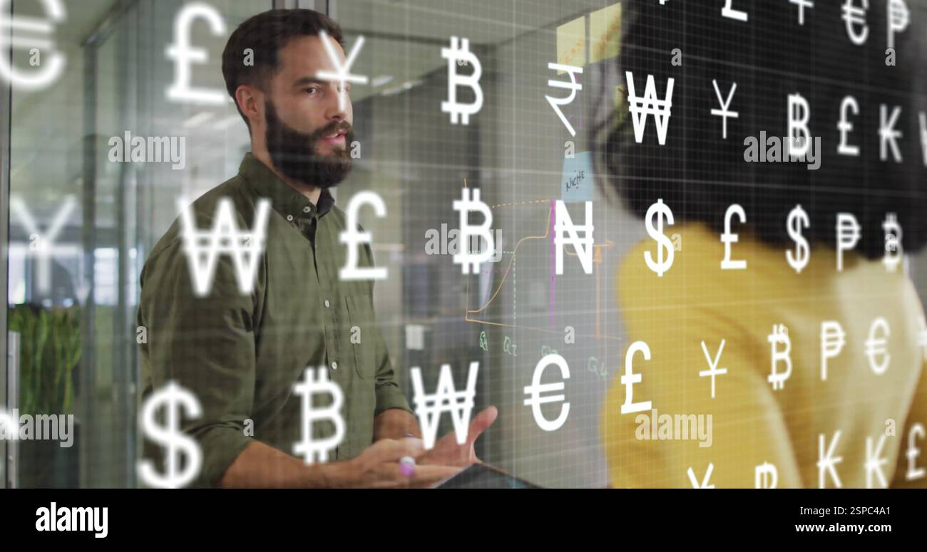 Image of currency symbols over diverse colleagues discussing work in ...