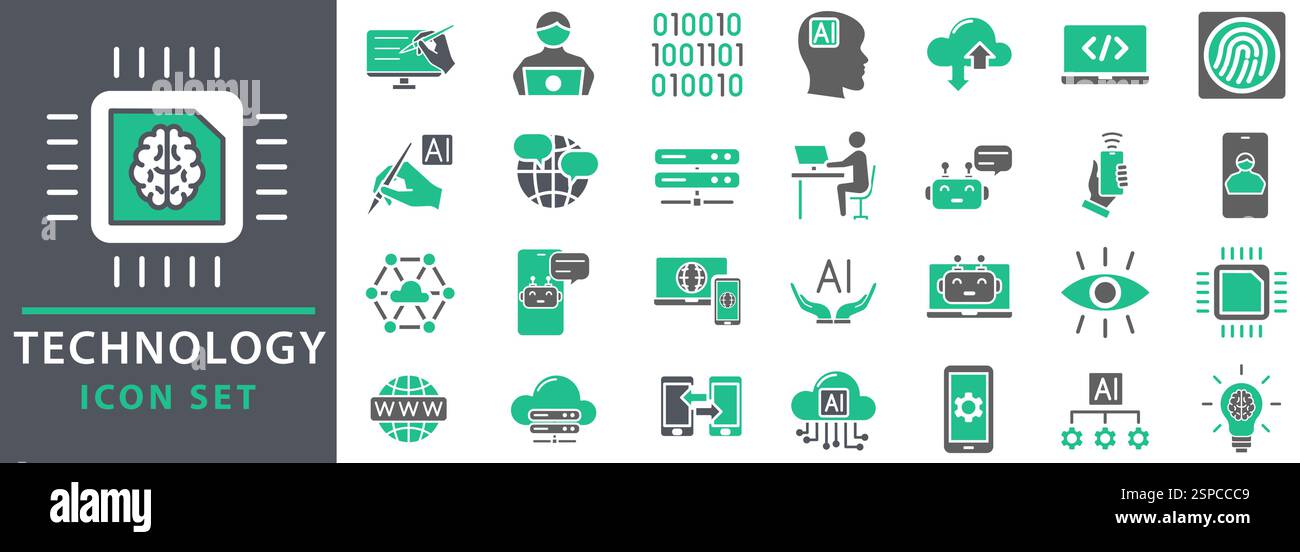 Technology icon set. Containing ai, robotics, biometric, geolocation ...