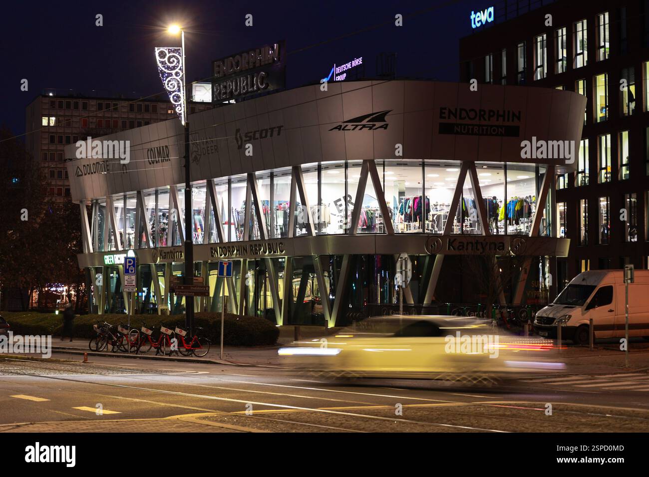 Night view of a modern commercial building with interesting ...