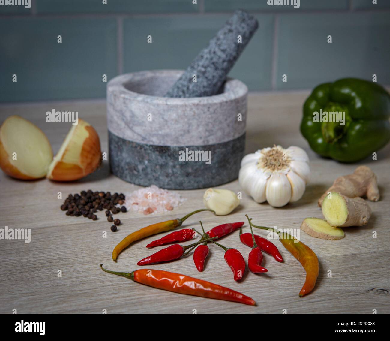 various food and chefs ingredients for spicy food with hot chilli ...