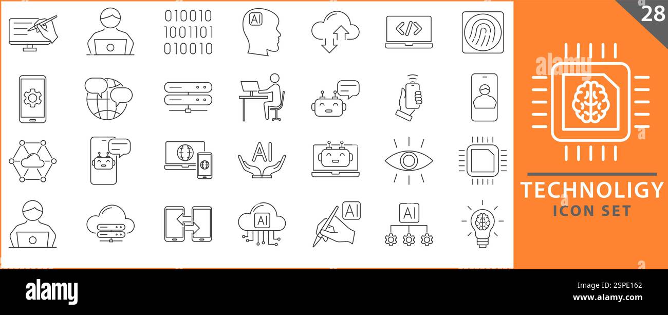 Technology icon set. Containing ai, robotics, biometric, geolocation ...