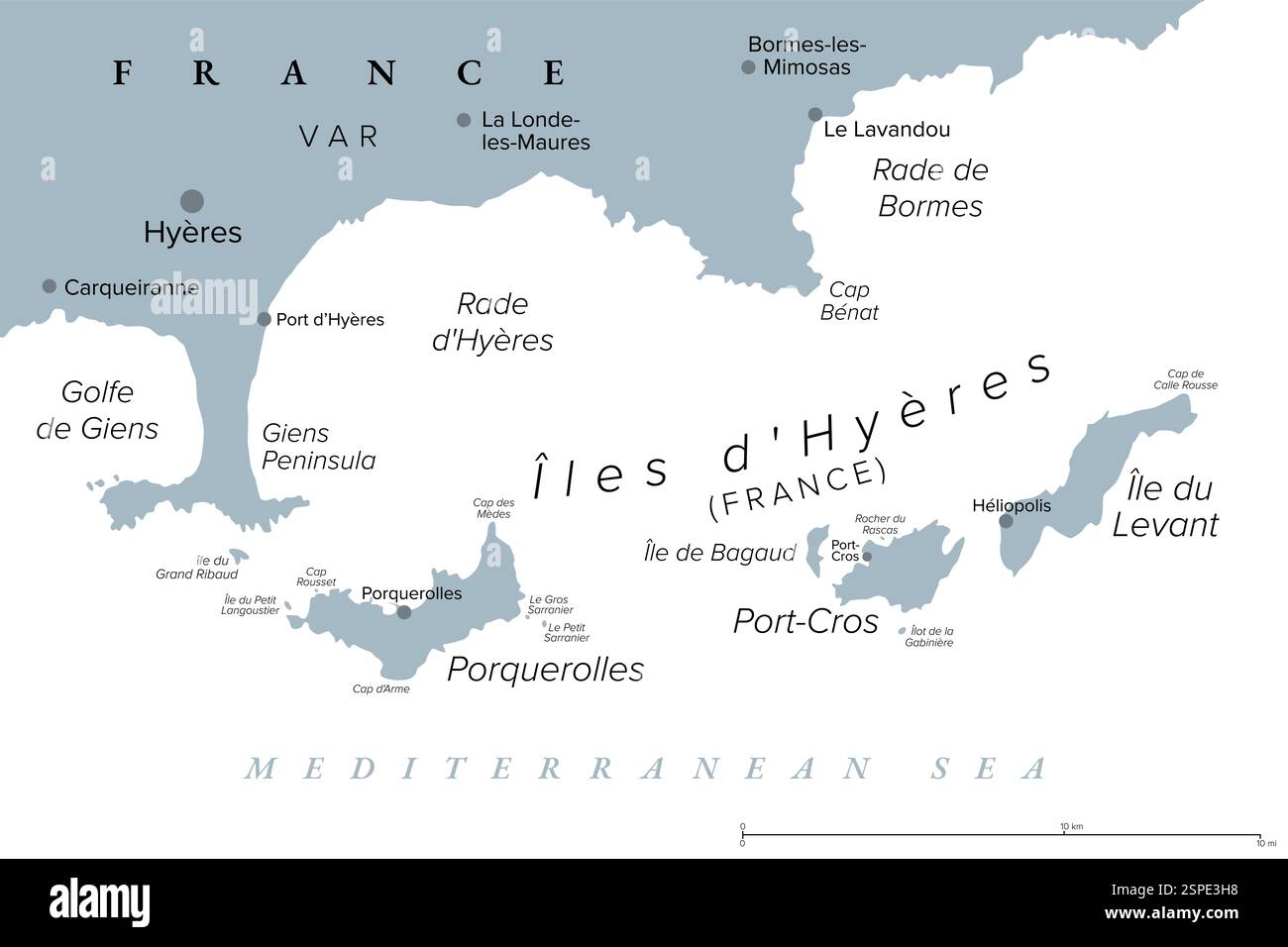Îles d'Hyères, French island group, gray political map. Also Îles d'Or ...