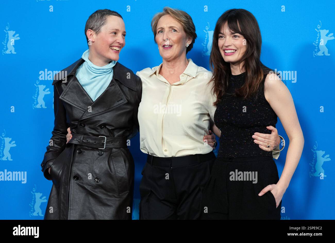 14 February 2025, Berlin: Actresses Vicky Krieps (l-r), Fiona Shaw and ...