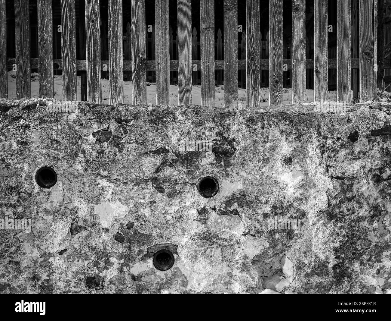 Old weathered wall with worn wooden fence detail, Conshohocken ...