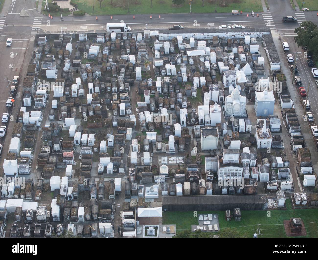 Aerial drone view of historic St. Louis Cemetery No. 1 in New Orleans ...