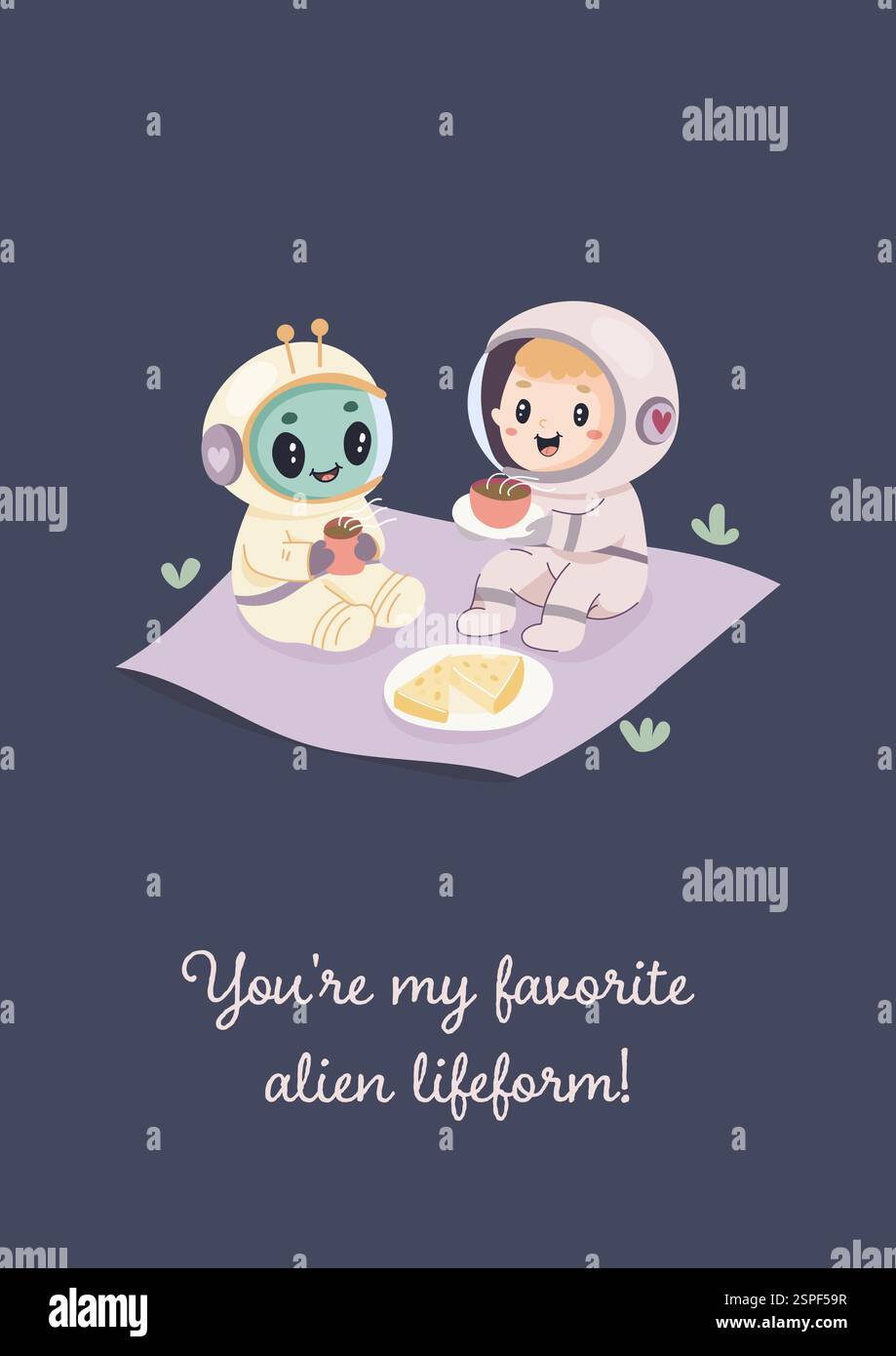 Space funny postcard, astronaut drinking tea with alien. Vector simple ...