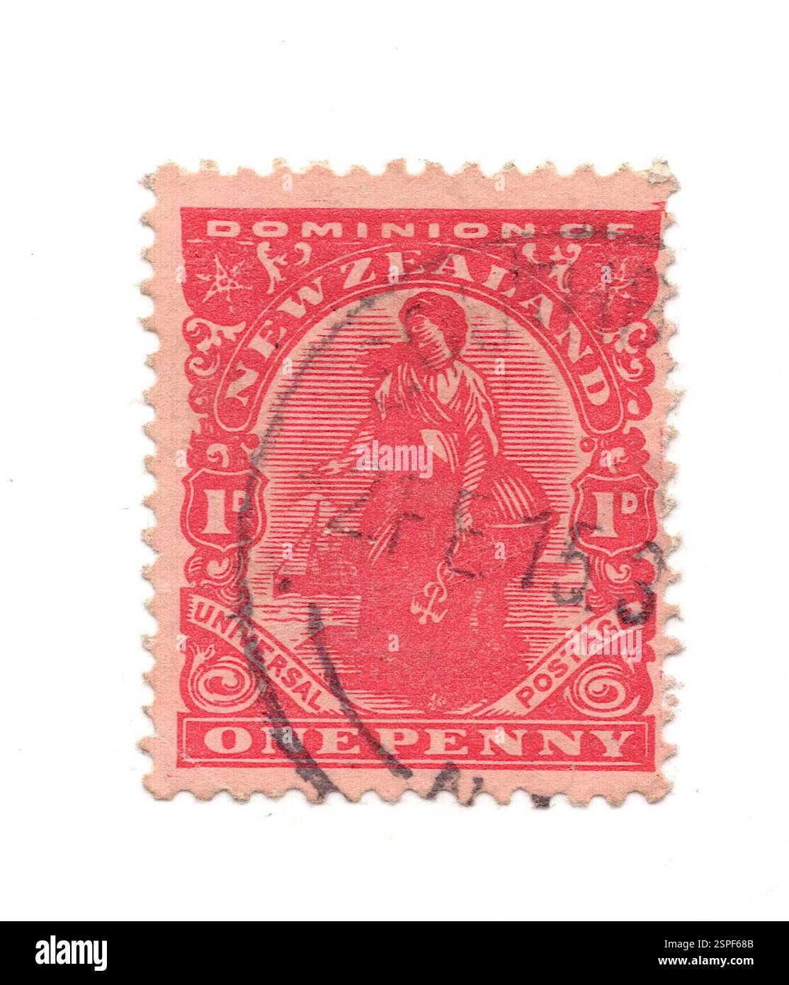 A vintage one penny postage stamp from New Zealand isolated on a white ...