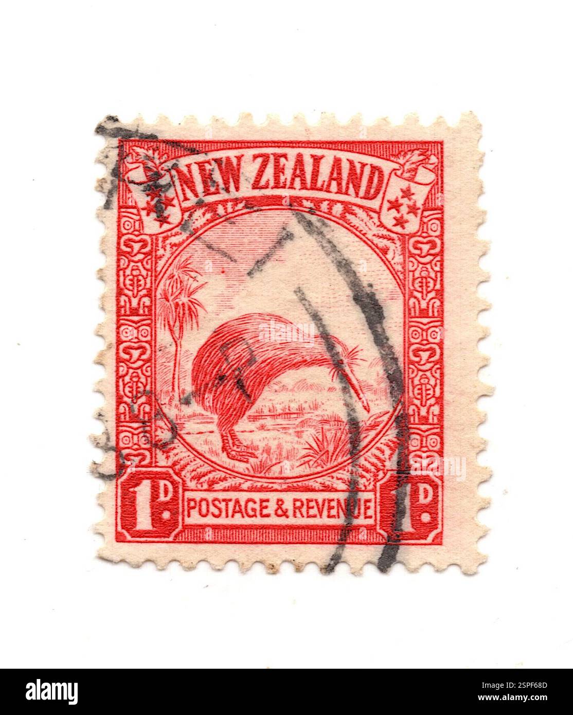 A vintage one penny postage stamp from New Zealand isolated on a white ...