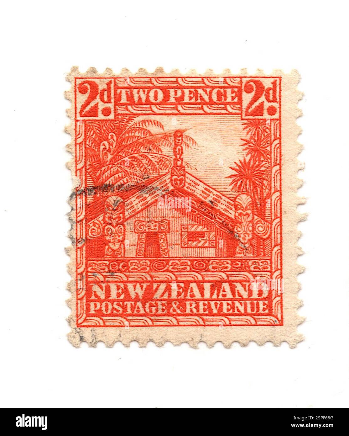 A vintage 2d postage stamp from New Zealand isolated on a white ...