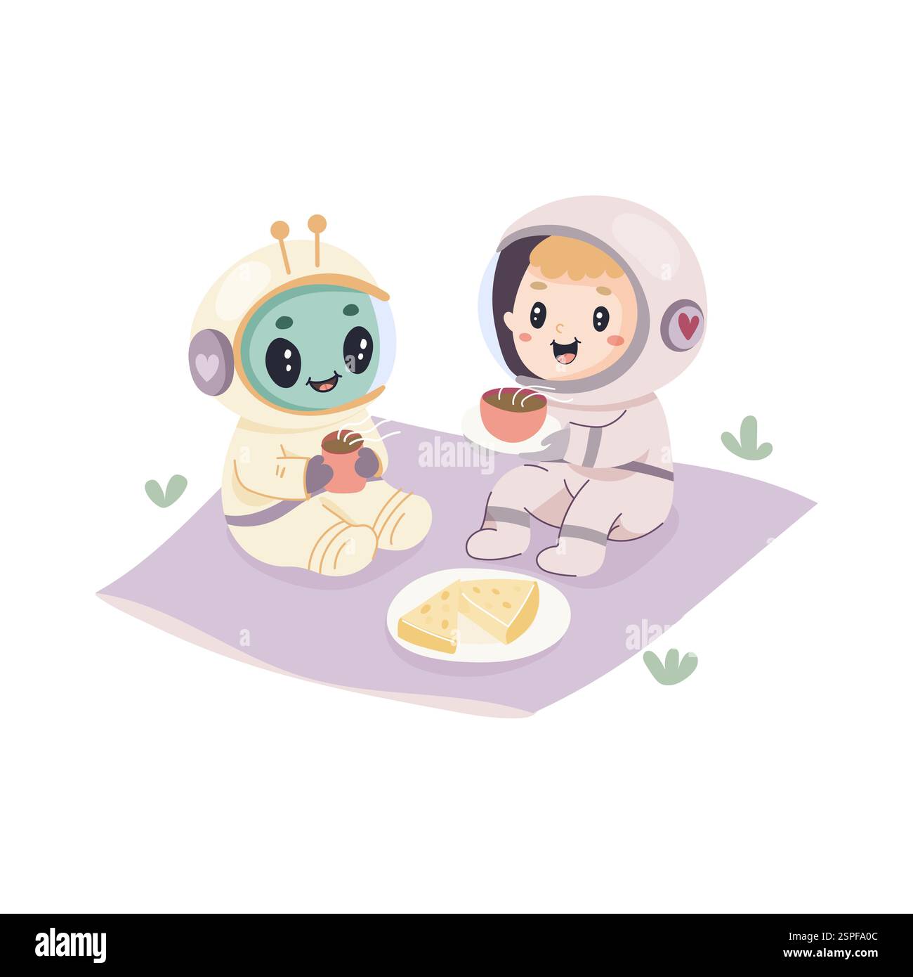 Alien drinking tea with astronaut, cute illustration on white ...