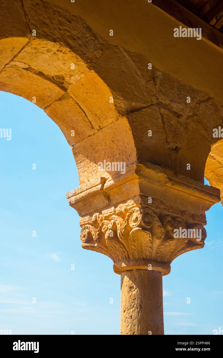 Capital of the atrium. San Martin church, Aguilera, Soria province ...