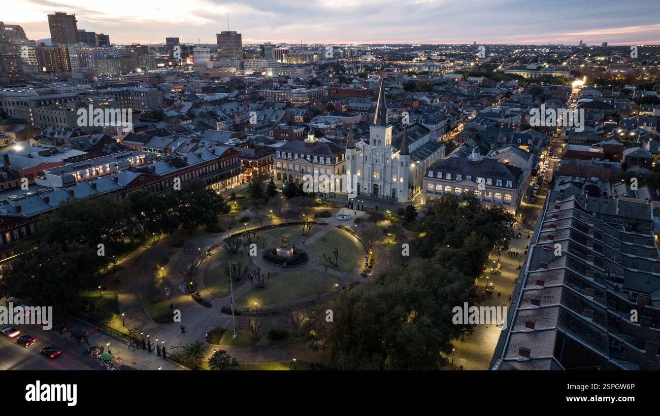 Aerial night view of illuminated St. Louis Cathedral and Jackson Square ...