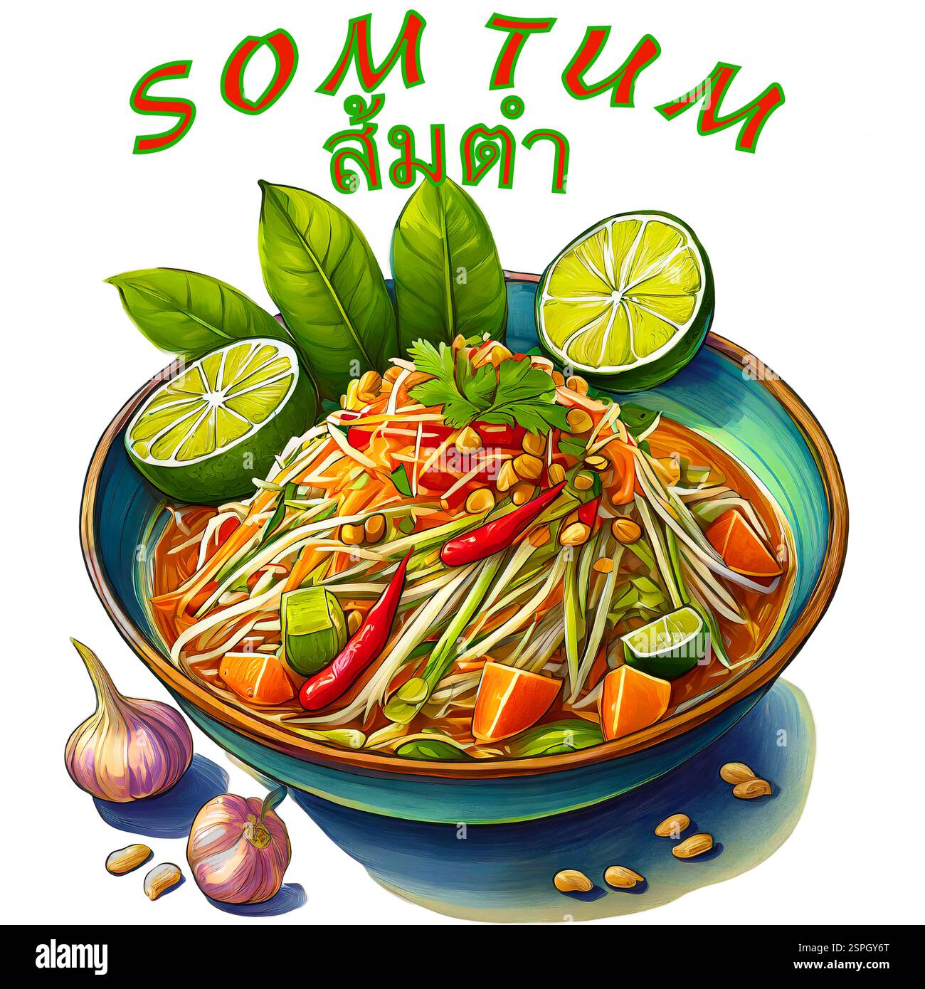 A tasty Som Tum (papaya salad) with all ingrdiences - cartoon style ...