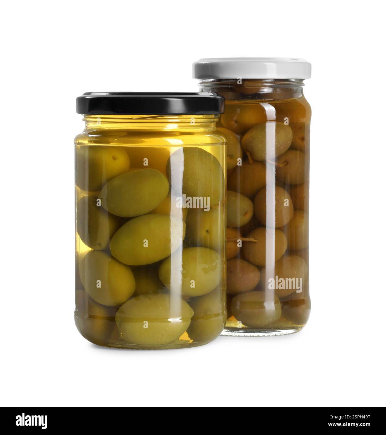 Pickled olives in glass jars isolated on white Stock Photo - Alamy