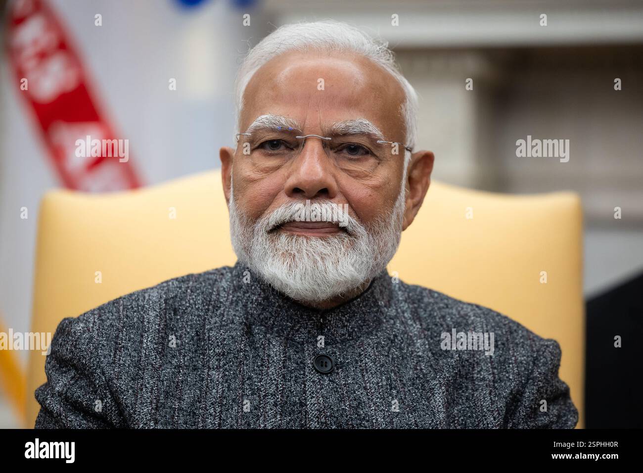 Prime Minister Narendra Modi of India speaks with reporters as he meets ...